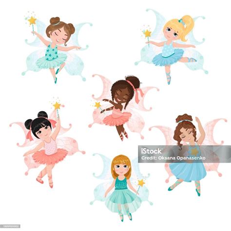 세 여자 요정의 세트 귀여운 작은 요정 날개가 달린 요정 의상을 입은 발레리나 마법의 생물 흰색 배경에서 격리된 벡터 그림입니다