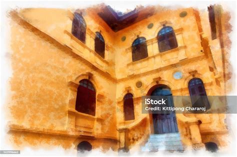 고대 노란색 건물 식민지 건축 아름다운 장식용 치장 벽토 구성 요소 문 및 창문 수채화 스타일 일러스트 인상파 그림이 있습니다 0명에 대한 스톡 벡터 아트 및 기타 이미지