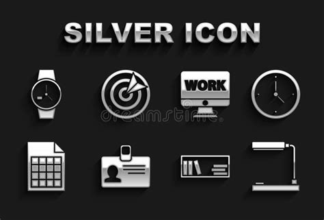 Set Identification Badge Clock Table Lamp Shelf With Books File Document Monitor Text Work