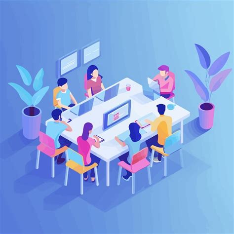 컴퓨터와 함께 테이블에 앉아있는 사람들의 만화 그림 프리미엄 Ai 생성 벡터