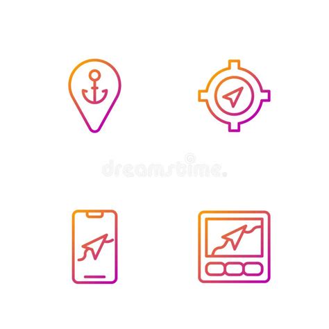 Set Line Gps Device With Map City Navigation Location Anchor And Compass Gradient Color Icons