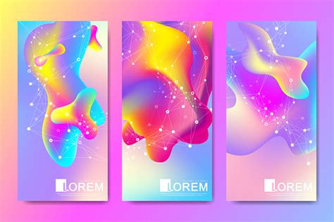 추상적 인 유체 모양 페인트 스플래시 전단지 디자인 배너 브로셔를위한 잉크 방울이있는 트렌디 한 생생한 그라데이션 색상의 벡터