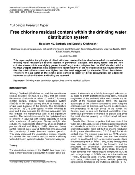 Pdf Free Chlorine Residual Content Within The Drinking Water Distribution System