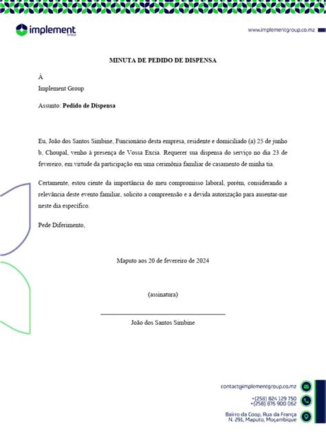 Minuta De Pedido De Dispensa Implement Group Pdf