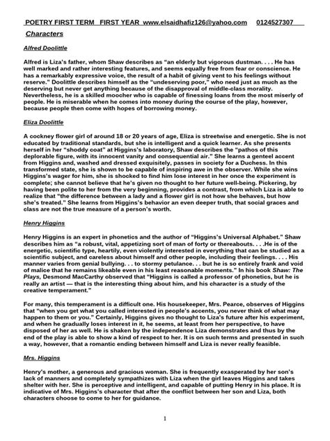 Pygmalion Characters Pdf Pygmalion Play