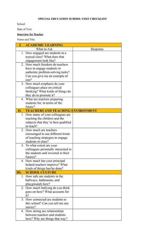 Special Education School Visit Checklist Special Education School