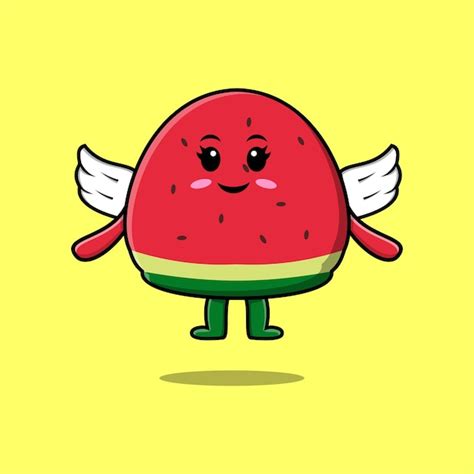 현대적인 스타일의 디자인 일러스트레이션에 날개를 달고 있는 귀여운 만화 수박 캐릭터 프리미엄 벡터