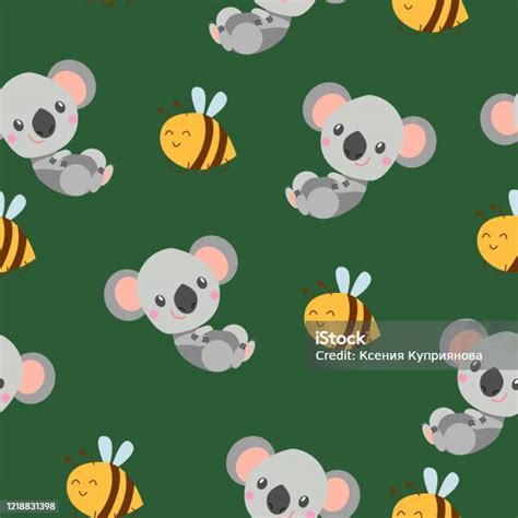 미소 코알라 아기와 노란색 꿀벌과 원활한 패턴 녹색 배경입니다 플랫 만화 스타일입니다 귀엽고 재미있습니다 어린이 엽서 섬유 벽지 및 포장지용 여름과 봄 장식 코알라에 대한