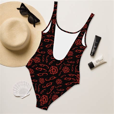 Gothic Swimsuit Pentagram 666 Beach Goth Girl Clothing Black Swimsuit