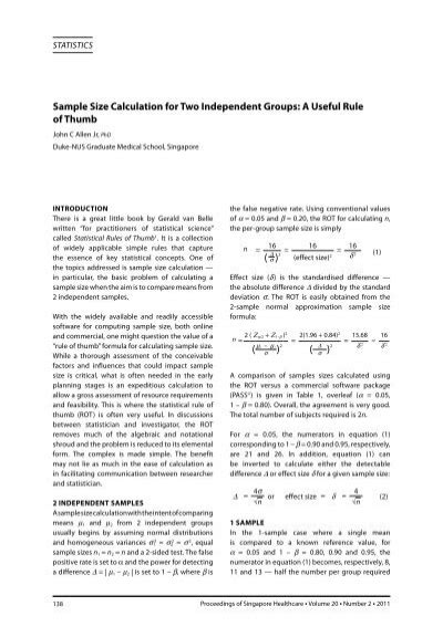 Sample Size Calculation For Two Independent Groups SingHealth