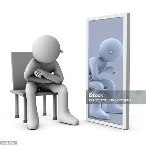 큰 거울 앞에서 자신을 대답하는 캐릭터 흰색 배경입니다 3d 일러스트레이션 거울에 대한 스톡 사진 및 기타 이미지 거울 남자 사색 Istock