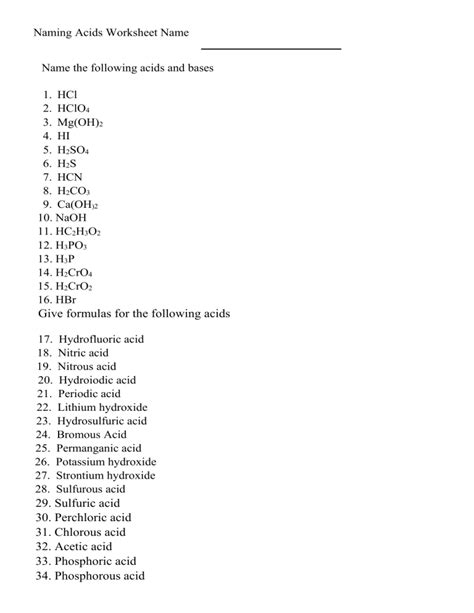 Acids And Bases Naming Worksheet