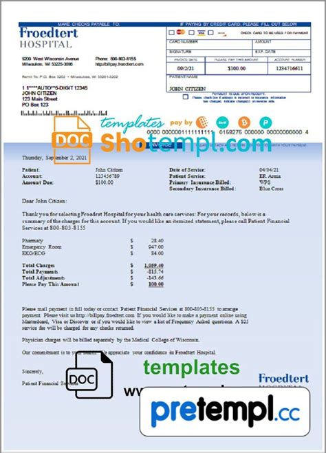 Usa Froedtert Hospital Invoice Example In Word And Pdf Format Fully Editable Pretempl
