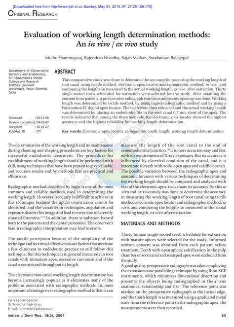 Pdf Evaluation Of Working Length Determination Methods An In Vivoex