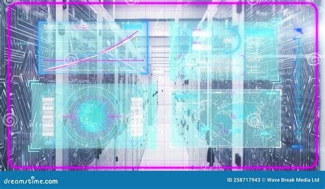 Animation Of Interface With Data Processing And Mathematical Equations Against Server Room Stock