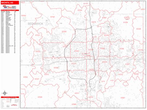 Wichita Kansas Zip Code Wall Map Red Line Style By Marketmaps