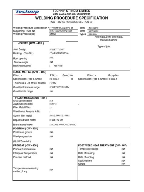 Welding Procedure Specification Technip Kt India Limited Pdf