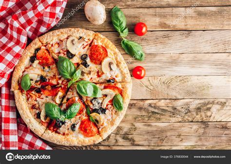 Sliced Italian Pizza Salami Mozzarella Mushroom Tomatoes Black Olives