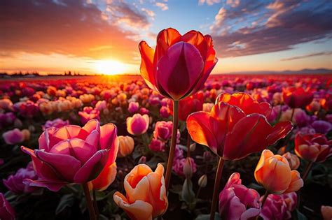Premium Ai Image Double Rainbow On The Field Of Colorful Tulips Generative Ia