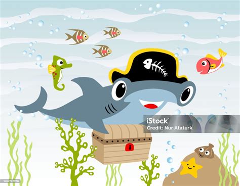 보물 상자를 들고 있는 해적 모자를 쓴 귀상어 상어 만화 해양 생물 요소 그림 만화에 대한 스톡 벡터 아트 및 기타 이미지 만화 기포 물고기 Istock