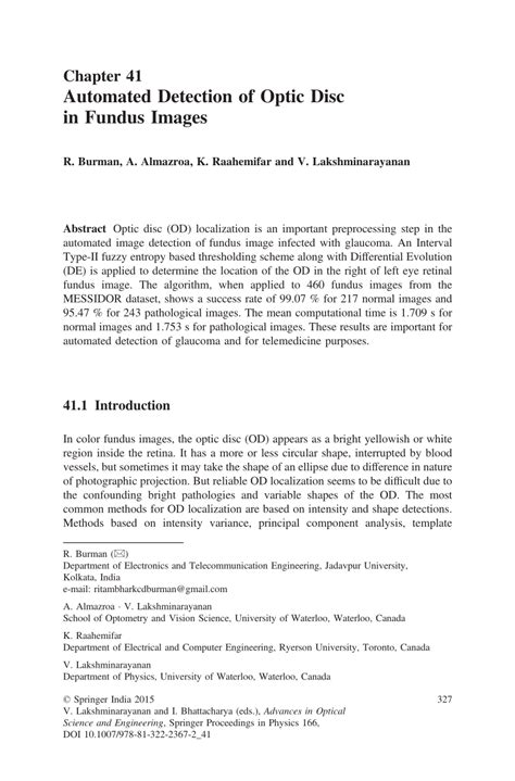 Pdf Automated Detection Of Optic Disc In Fundus Images