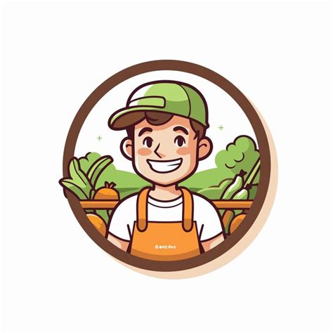 과 모자를 입은 귀여운 농부 소년 터 일러스트레이션 프리미엄 벡터