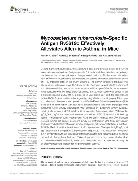 Pdf Mycobacterium Tuberculosis Specific Antigen Rv3619c Effectively Alleviates Allergic Asthma