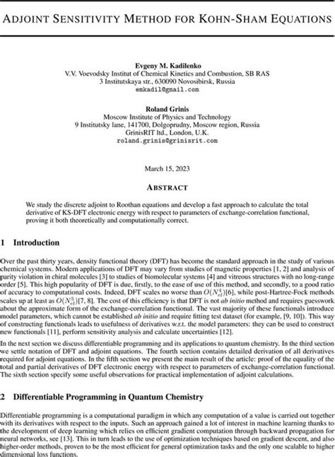 Adjoint Sensitivity Method For Kohn Sham Equations Theoretical And Computational Chemistry