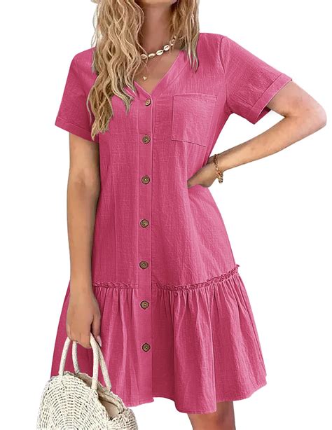 Hotouch Cotton Summer Dresses For Women Casual Button Down Dress Women Cotton Linen Dress Rose