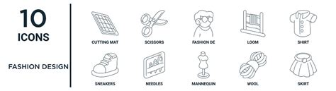 패션 디자인 개요 아이콘 세트에는 얇은 라인 커팅 매트 패션 De 셔츠 바늘 양모 스커트 스니커즈 아이콘 프리젠 테이션