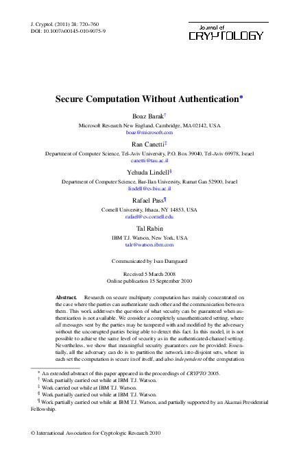 Pdf Secure Computation Without Authentication