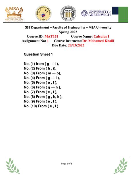 Assignment MAT Sp Calculus I Page Of GSE Department Faculty Of Engineering