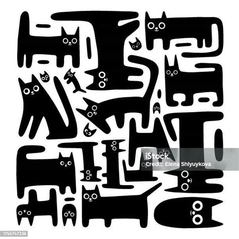 귀여운 재미 고양이 검은 새끼 고양이 세트 만화 스타일과 모자이크 구성 트렌디 한 현대 벡터 일러스트 레이 션은 흰색 배경에 고립 손으로 그린 평면 디자인 가축에 대한 스톡