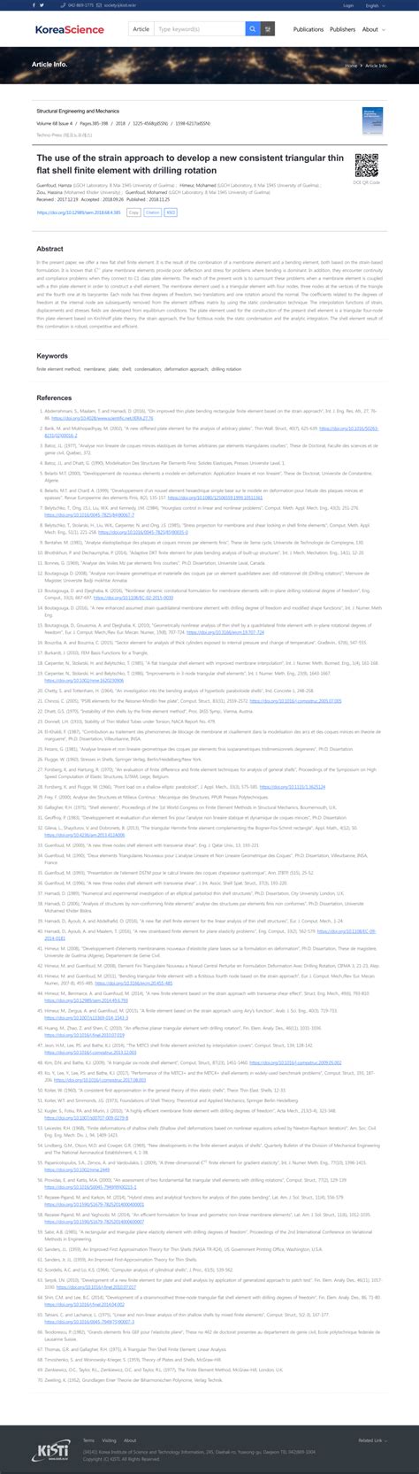 Pdf The Use Of The Strain Approach To Develop A New Consistent Triangular Thin Flat Shell