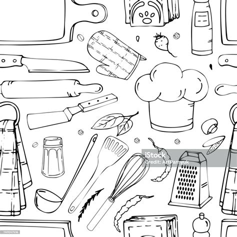 손으로 그려진 된 완벽 한 패턴 주방 용품 실제 디자인을 위한 원래 낙서 스타일 그리기 크리에이티브 잉크 아트 작업 개인 장식품에 대한 스톡 벡터 아트 및 기타 이미지