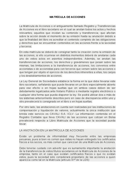 Matrícula De Acciones Registro Y Normativa Pdf Compartir Finanzas