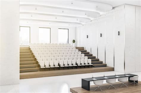 좌석 도시 전망과 일광 교육 개념 3d 렌더링을 갖춘 현대적인 콘크리트 강당 내부 프리미엄 사진