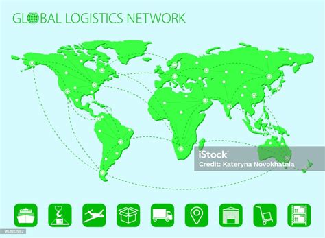 글로벌 물류 네트워크입니다 세계 지도입니다 물류 아이콘의 집합입니다 재고 벡터입니다 평면 디자인입니다 개념에 대한 스톡 벡터