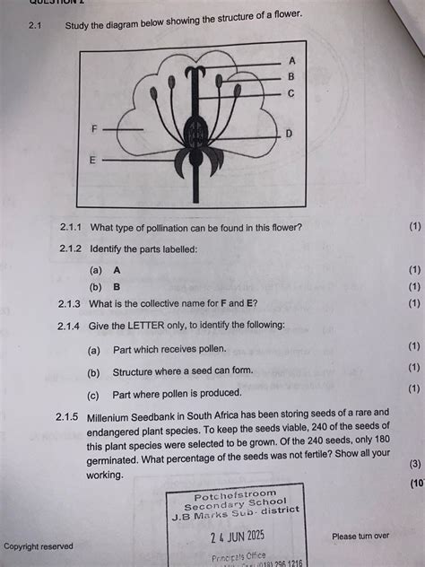 Question 21 Study The Diagram Below Showing The Structure Of A Flower