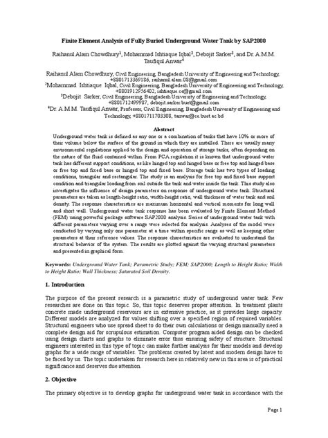 Finite Element Analysis Of Fully Buried Underground Water Tank By