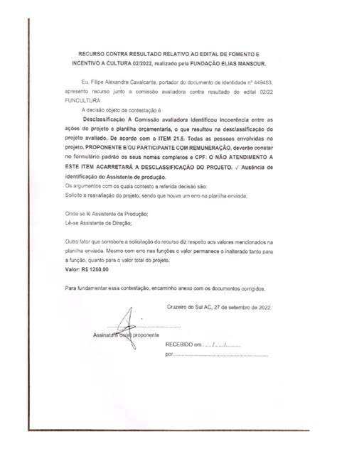 Recurso Contra Resultado Relativo Ao Edital De Fomento E Pdf