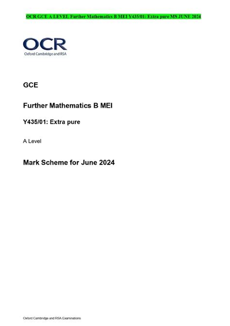 Ocr Gce A Level Further Mathematics B Mei Y43501 Extra Pure Ms June