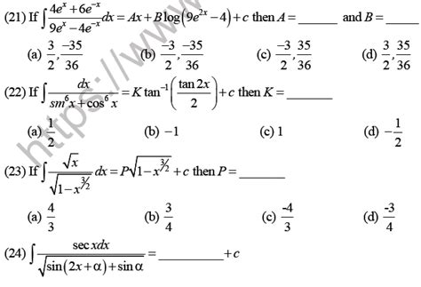 Jee Mathematics Indefinite Integrals Mcqs Set C With Answers