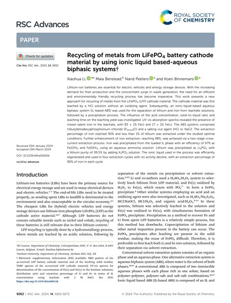 Pdf Recycling Of Metals From Lifepo4 Battery Cathode Material By Using Ionic Liquid Based