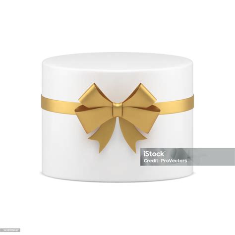 흰색 원 선물 상자는 황금 활 리본 프리미엄 디자인 요소 3d 아이콘 현실적인 벡터로 묶여 있습니다 나비매듭에 대한 스톡 벡터 아트 및 기타 이미지 Istock