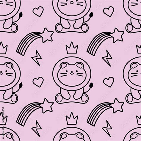 Safari Lion Outline Vector Seamless Pattern Cute Jungle Lion Pattern