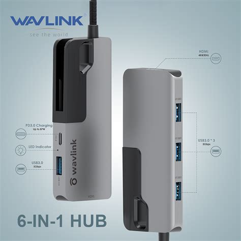 Wavlink USB C Hub Adaptor PD USB C 6 In 1 Dengan Pengantar Daya Laptop 87W Port USB C 4K 30Hz