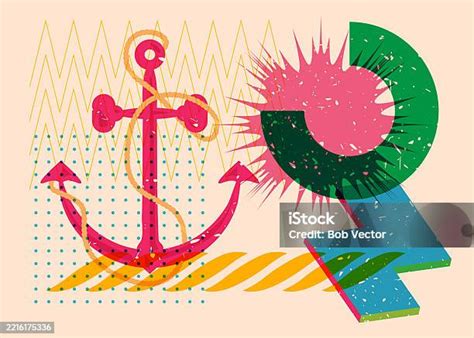 기하학적 모양의 리소그래프 앵커 트렌디한 Riso Graph의 개체는 기하학 요소가 있는 질감 스타일 디자인을 인쇄합니다 강철에 대한 스톡 벡터 아트 및 기타 이미지