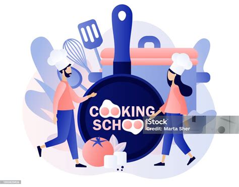 요리 학교 부엌 프라이팬에 텍스트 부엌 도구와 음식이 모자에 작은 요리사 요리 마스터 클래스 온라인 현대 플랫 만화 스타일 흰색 배경의 벡터 그림 가정 생활에 대한 스톡