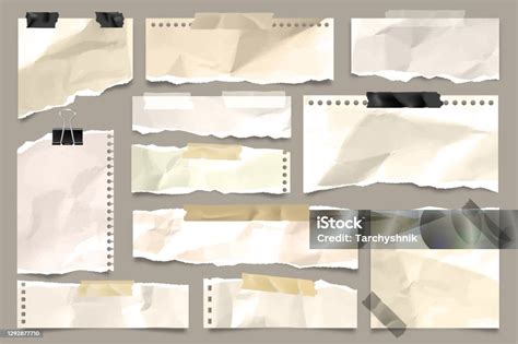 찢어진 색의 구겨진 종이 스트립 컬렉션 찢어진 가장자리와 접착제 테이프로 사실적인 종이 스크랩 스티커 노트 노트북 페이지의 조각